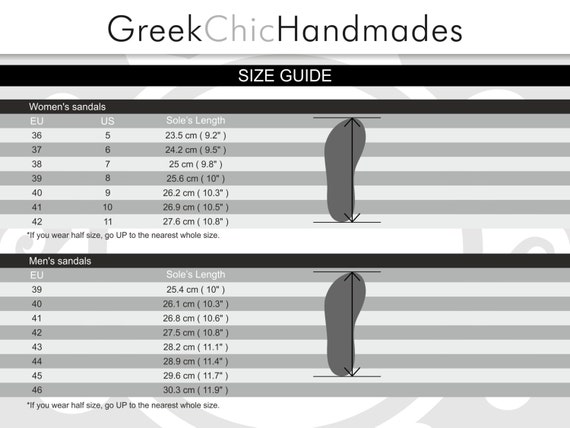 Size Guide for Greek Chic Handmades Women and Men Sandals
