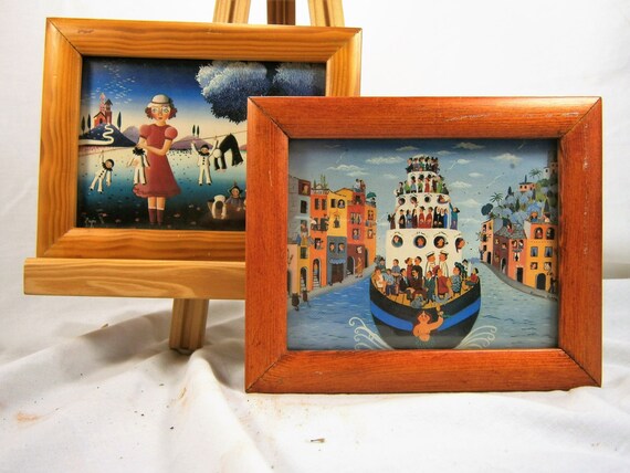 Pair of Small Framed Prints Folk Art Prints Country Life