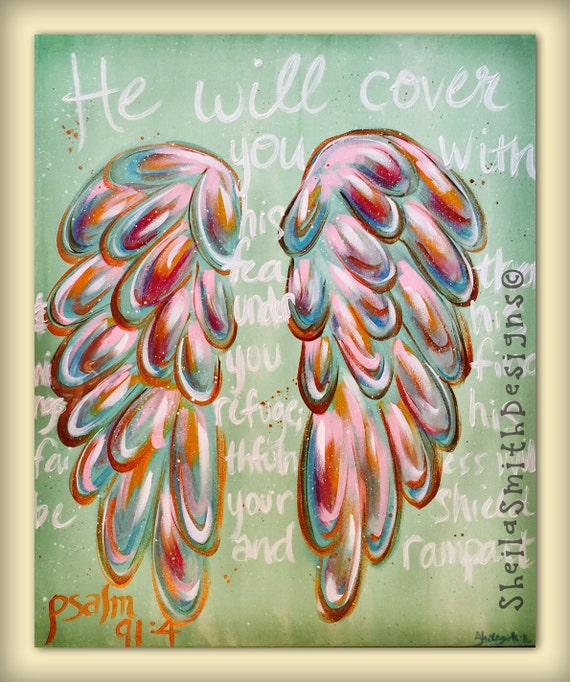 Bible Verse Painting Psalm 91:4 Hand Painted Scripture on