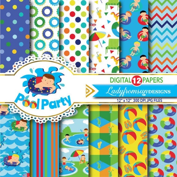 Boys Pool party digital paper pack pool party