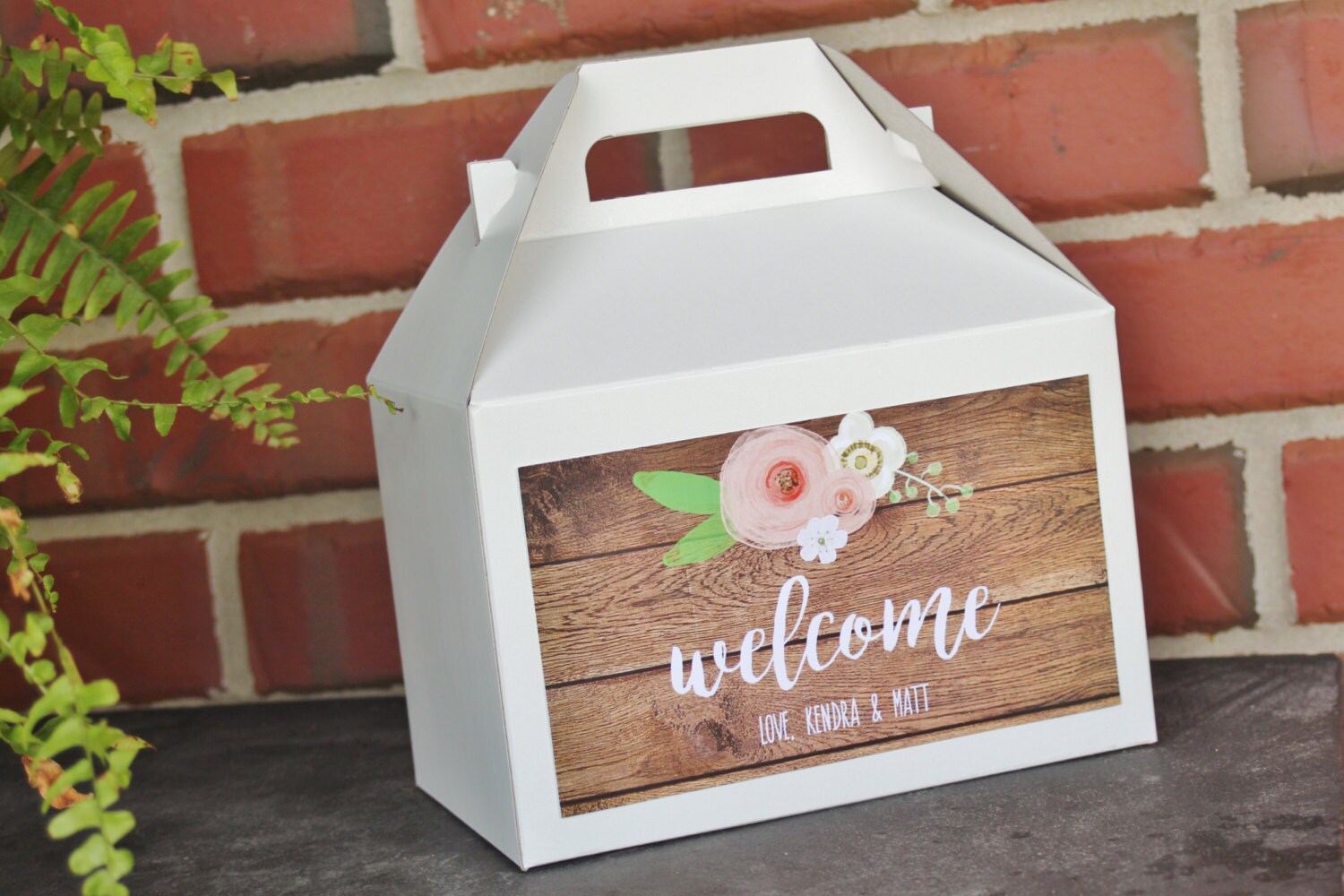 Set 10 white Gable Welcome Boxes rustic wood and peach