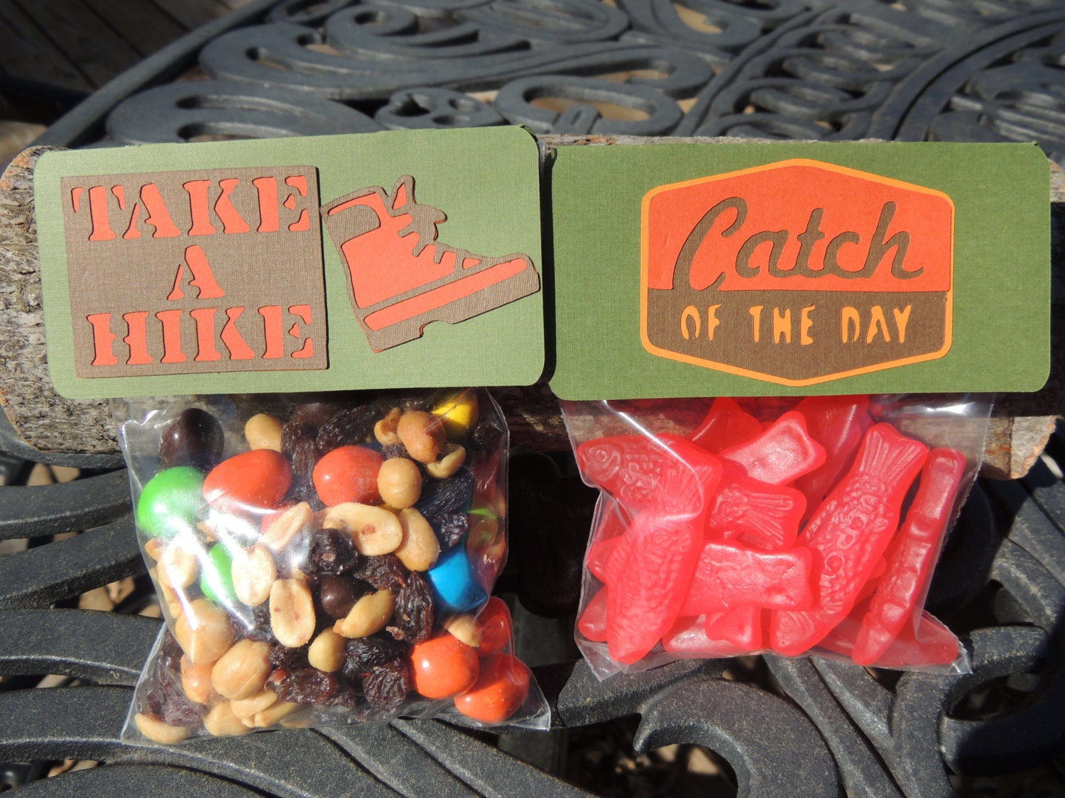 Camp theme treat bag toppers with bags. You choose Catch