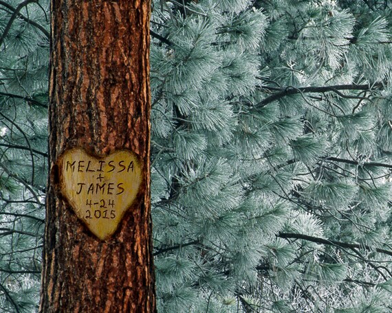 Personalized Wedding Gift Tree Carved Heart Names Pine Winter