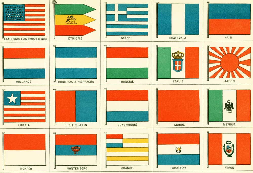 1897 Flags Large size antique print 40 countries flags