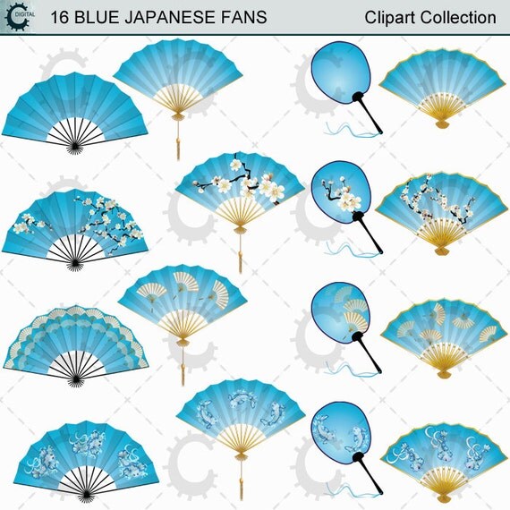 Blue Coloured Japanese Fans Clipart Collection