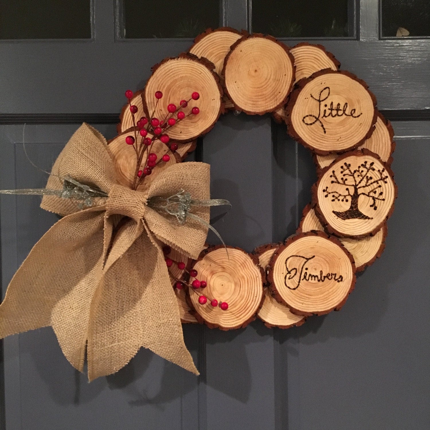 Wood log wreath. Wood slice burned wood wreath by TheCraftyDogCo