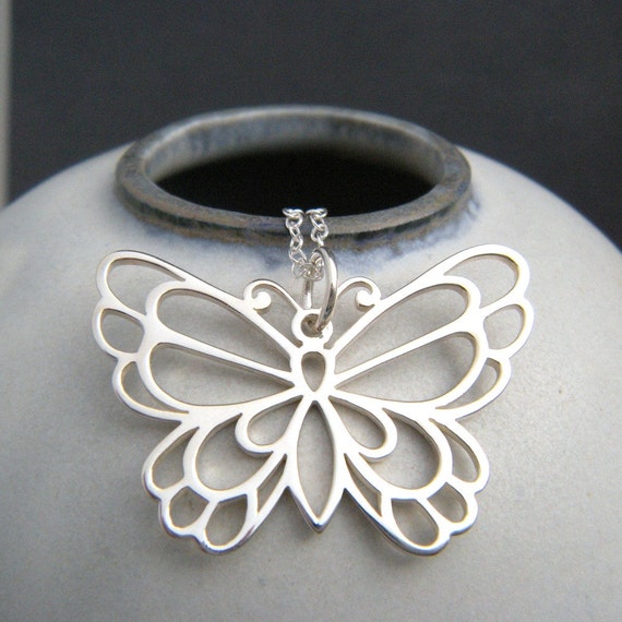 large silver butterfly necklace. sterling silver wing span
