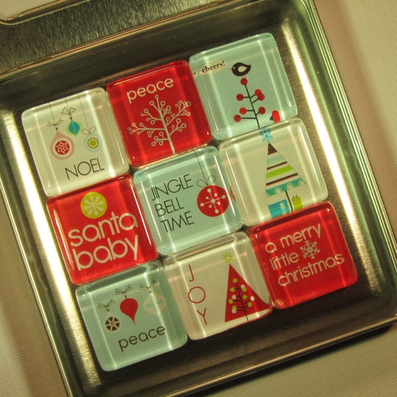 Items similar to Christmas Magnets, Magnet Set of Nine with Storage Tin ...