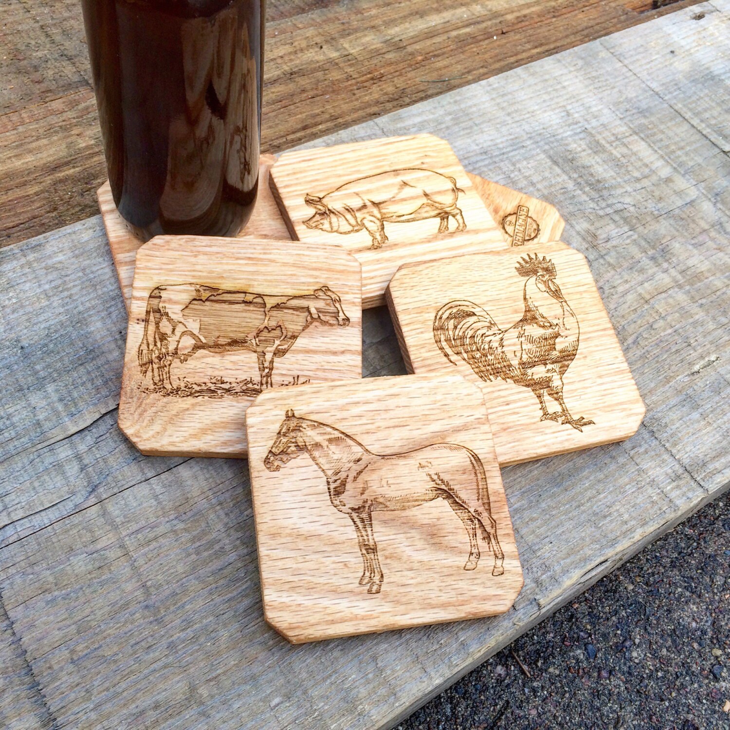 Oak Wooden Farm Animal Coasters Set of 4