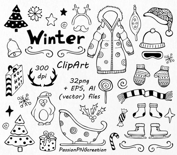 Winter Doodle Clipart Hand Drawn Christmas clip art clipart