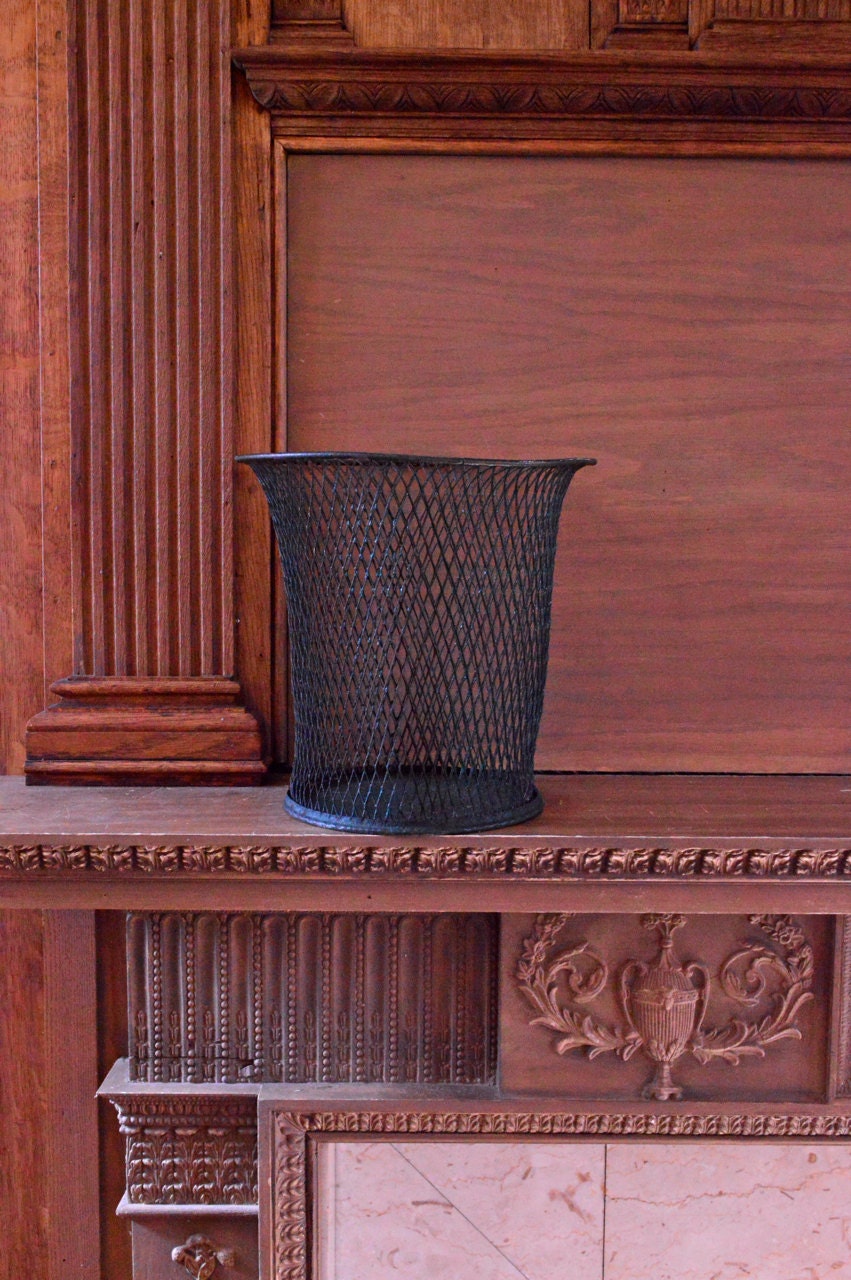 Vintage Expanded Metal Waste Basket, Mesh Trash Can, Green Metal Wire ...
