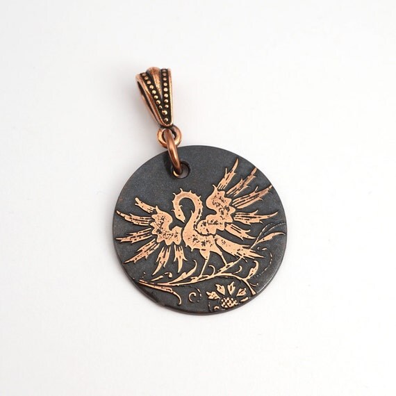 Copper phoenix pendant small round flat etched mythical bird
