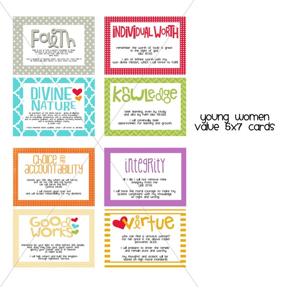 Young Women Values Cards Young Women Theme Art Printable