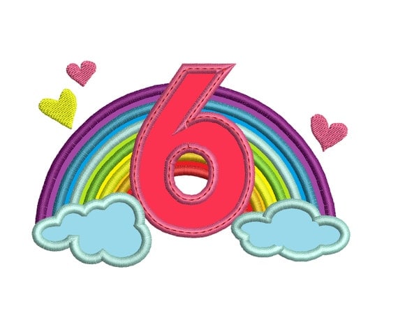 Cute Rainbow Birthday Number 6 SIX only machine embroidery