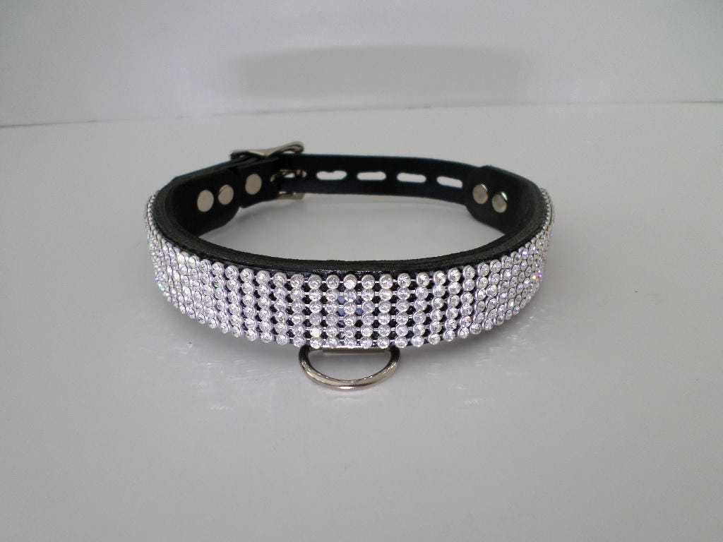 lockable real leather rhinestone diamante collar fetish