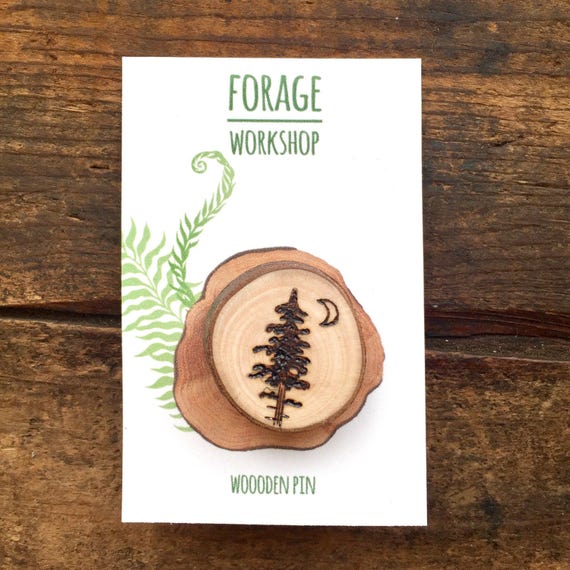 Wood burned tiny pine tree pin or brooch.