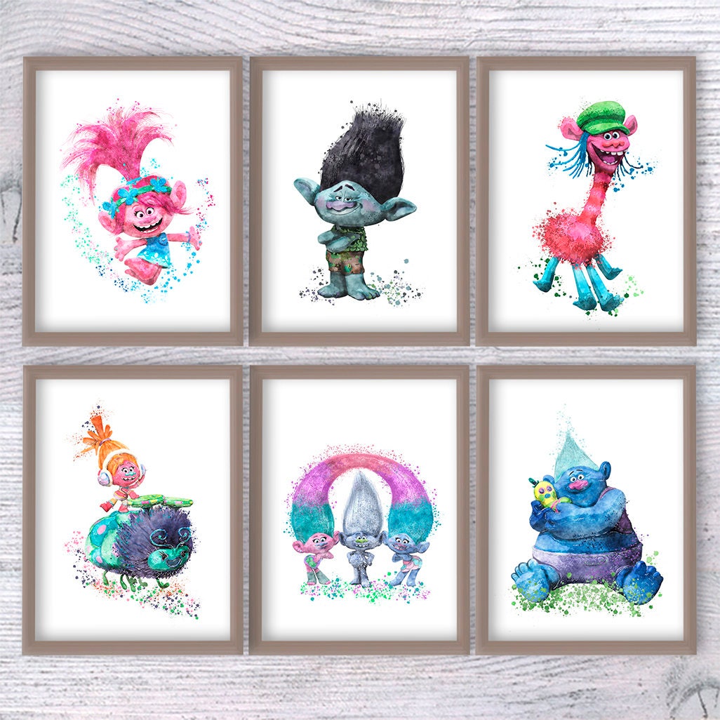Trolls art print Set of 6 Trolls watercolor poster Trolls wall
