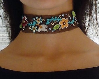 Embroidered choker | Etsy