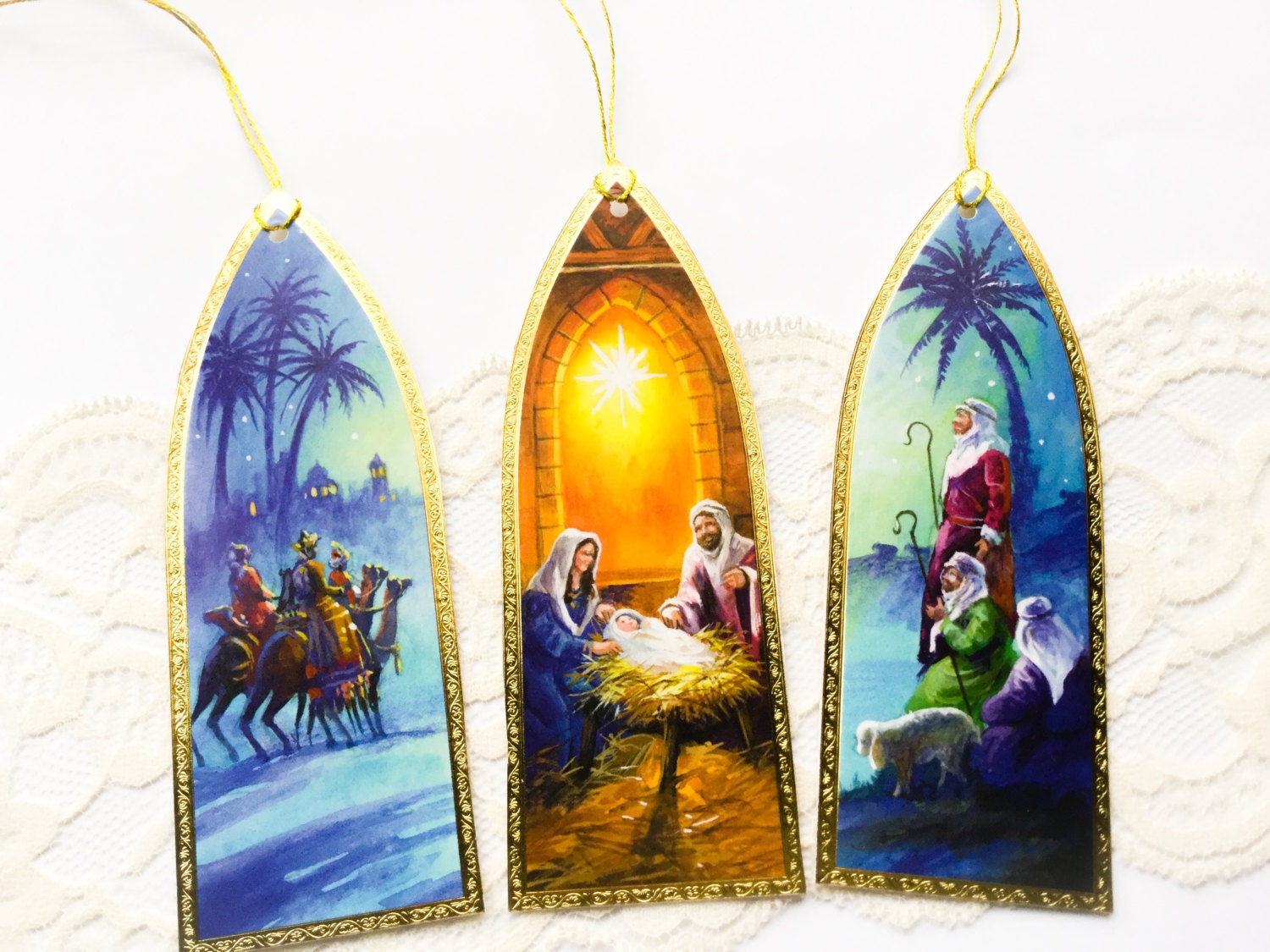 Religious Christmas gift tags Manger 3 Kings Shephards