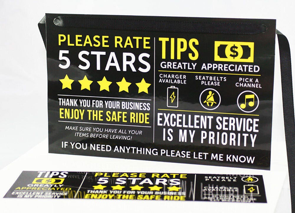 Uber Lyft Rating and Tip Sign for Rideshare Drivers Front and