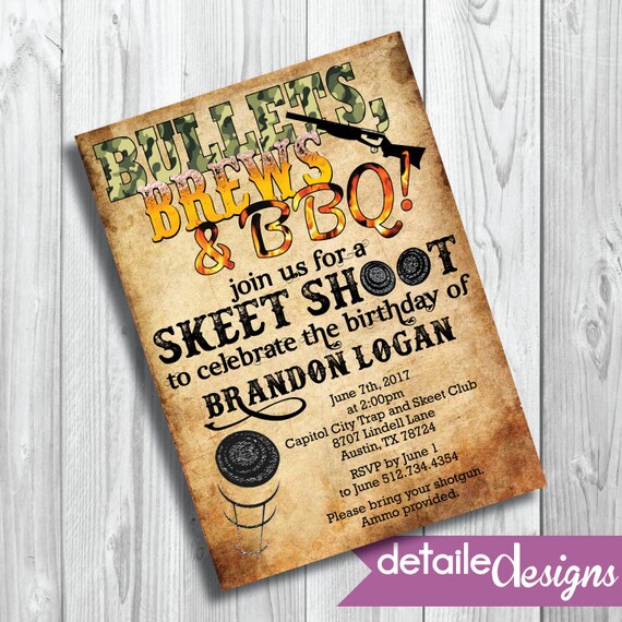 SKEET SHOOT Invitation Birthday Bachelor Party BBQ Brews