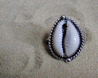 Sterling Silver Cowrie Shell Ring with Metal Cowrie Shell