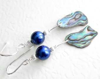 Blue Abalone Earrings Peacock Coin Pearls Deep Blue Sea