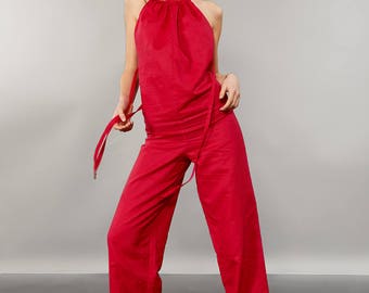 Red linen pants | Etsy