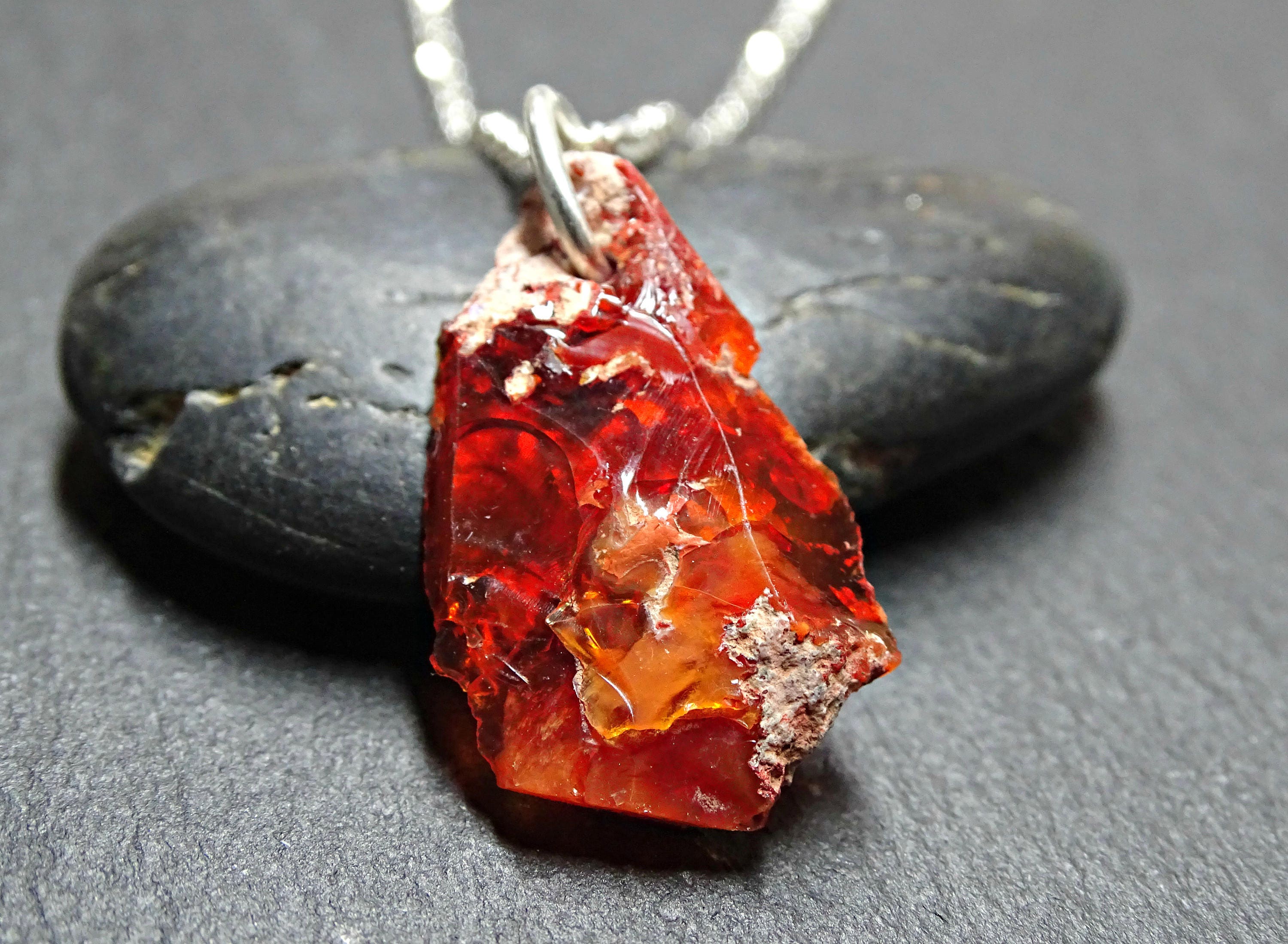 Red Fire Opal Necklace Silver Raw Opal Nugget Pendant Mens