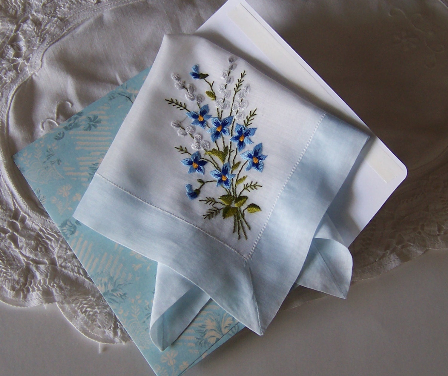 Wedding Hanky Something Blue Bride's Vintage Handkerchief