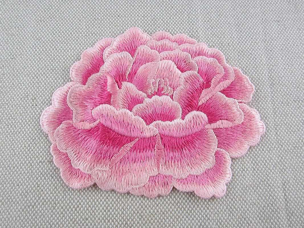 Pink Flower Embroidered Appliques Fabric Peony Patch