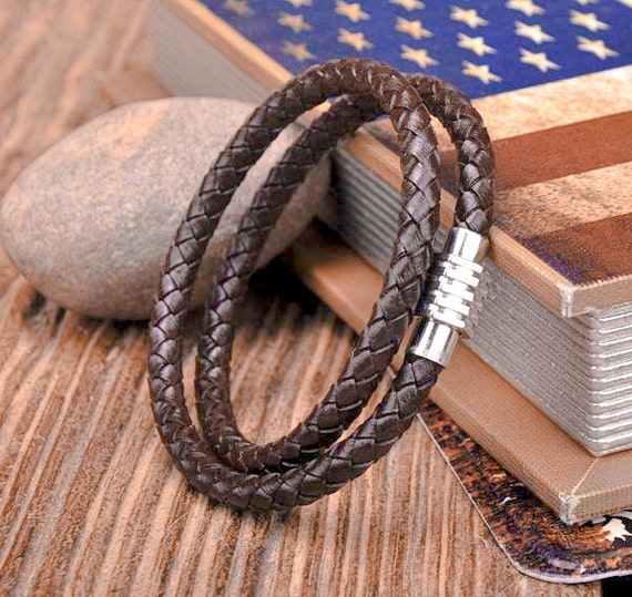 Mens Leather Bracelet Magnetic Clasp Double Wrap