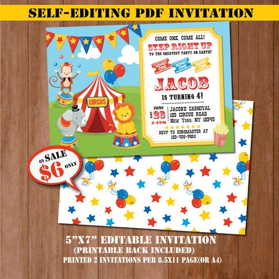 CIRCUS Birthday Invitation-SELF-EDITING Carnival
