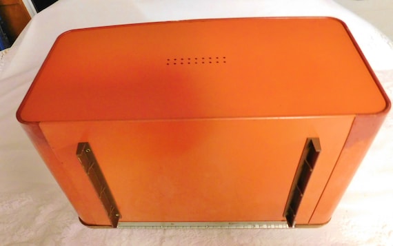 Vintage Metal Bread Box/ Orange with faux Wood Grain Fruit