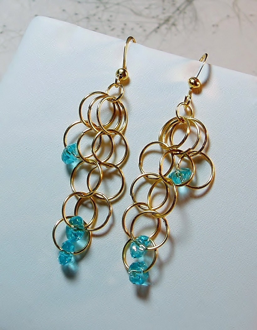 Blue Gold Earrings Aqua Turquoise Blue Cluster Circle