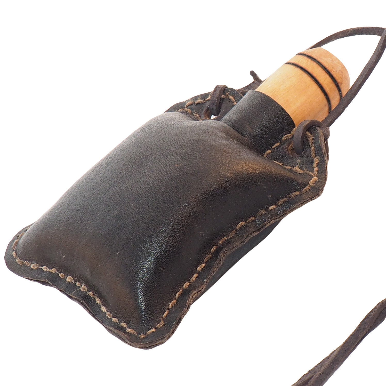 Small hand crafted authentic medieval wine skin with wooden stopper ...