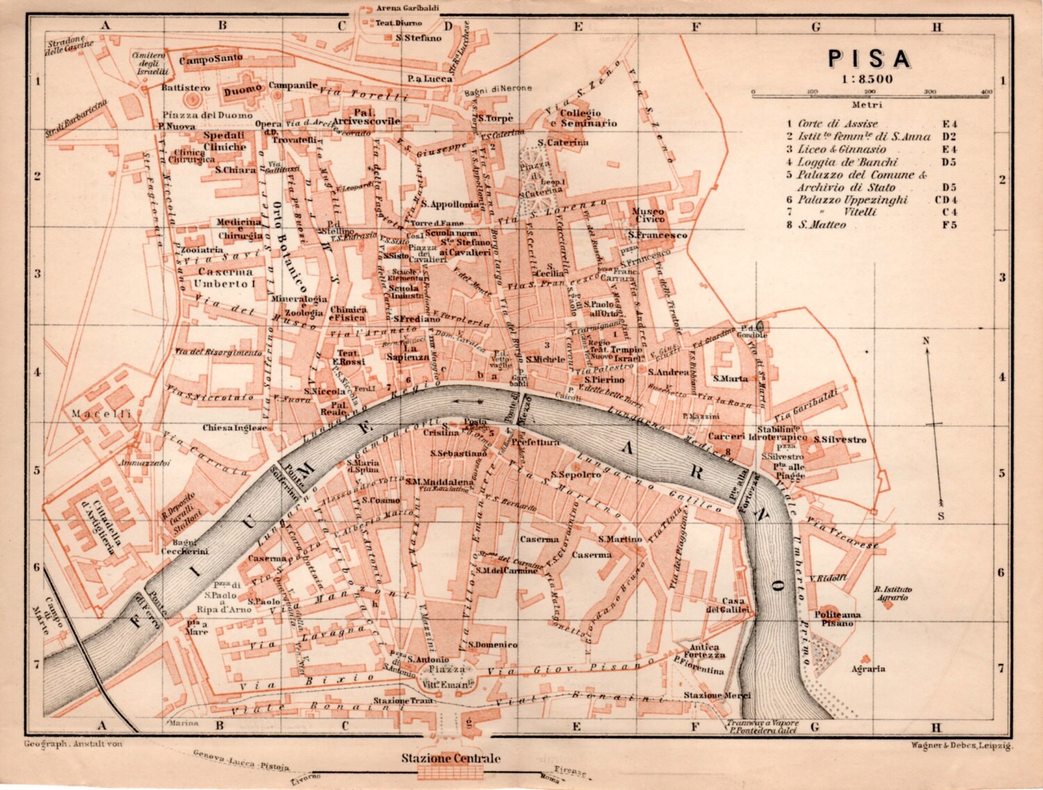 Mapa de 1903 de Pisa mapa antiguo Original de Italia Vintage