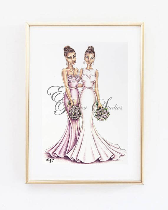 Custom Bridal Illustration of 2 People Ink and Coloured
