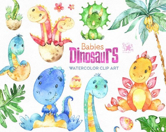 Dinosaurs Babies. Watercolor clip art characters cute palm