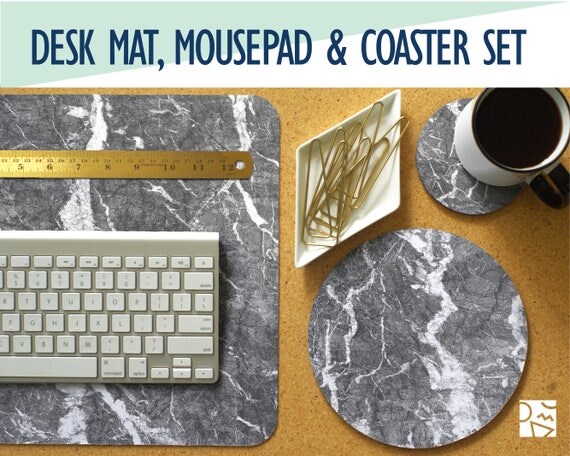 Grey Marble Print Desk Mat Mouse Pad & Coaster Set Desk