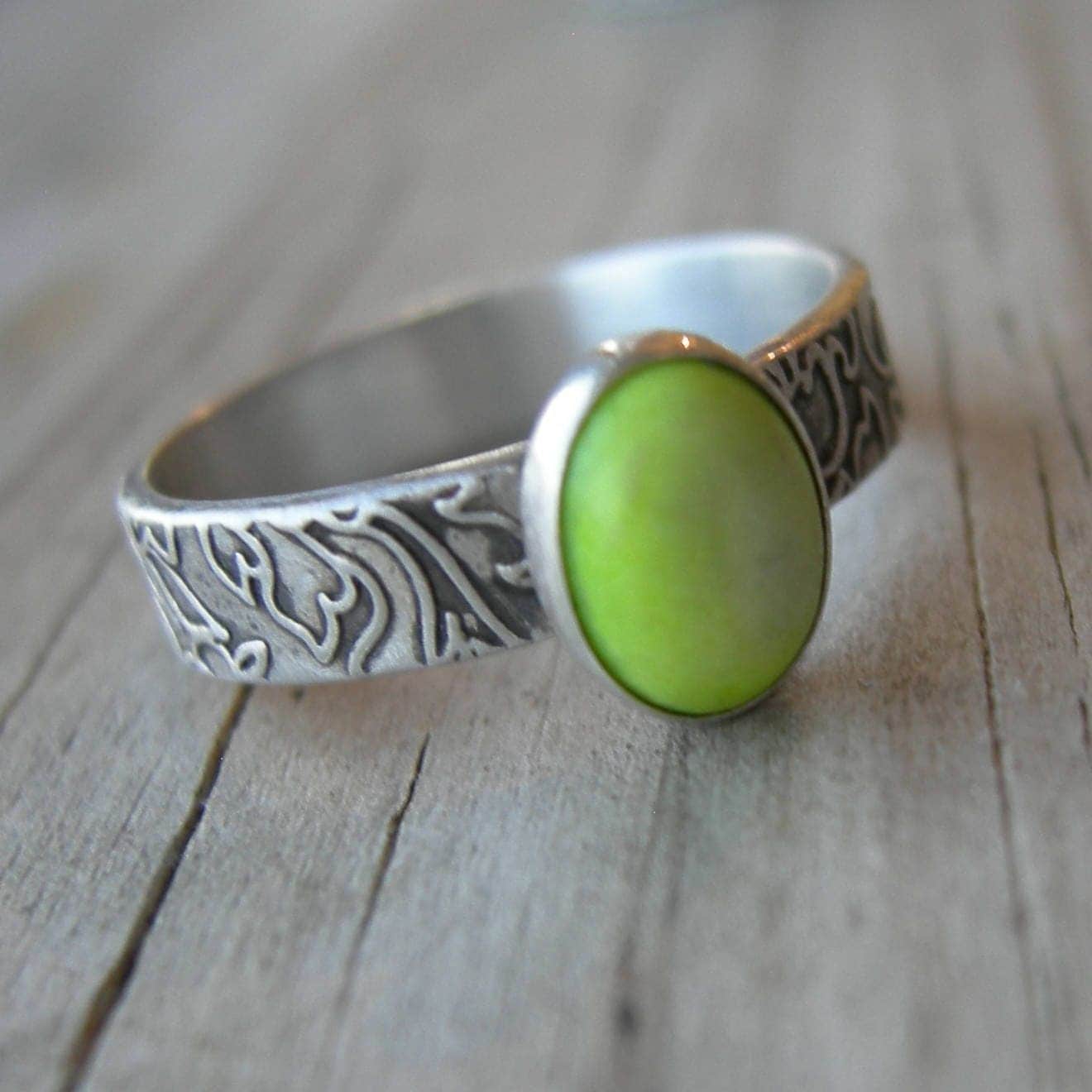 Gaspeite Sterling Ring Size 7 PMC Artisan Jewelry Birthstone