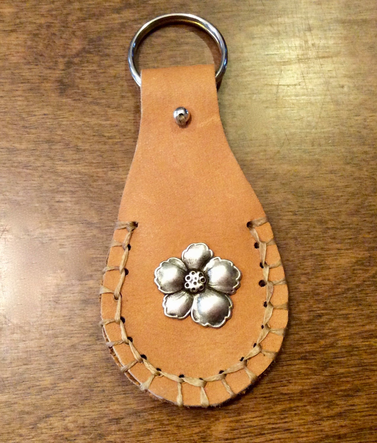 Handcrafted Leather Key Fob with Silver Flower and Bead Key
