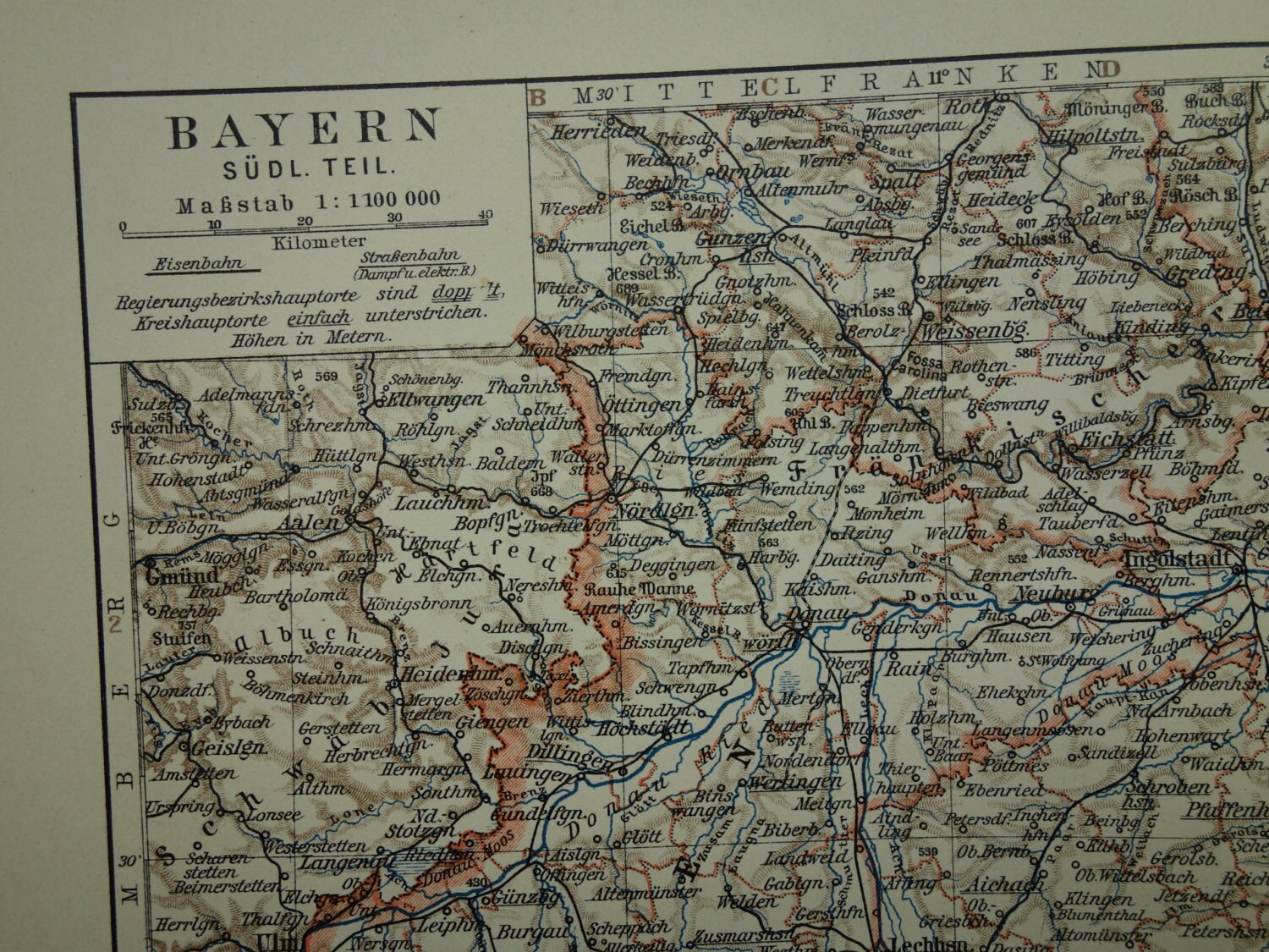 Old map of Bavaria Germany 1906 original vintage poster