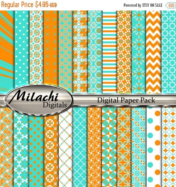 60% OFF SALE Turquoise and Dark Orange Digital Paper Pack