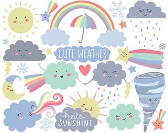 Items similar to 51 PNG Files- Kawaii Weather Clipart - Digital Clip ...