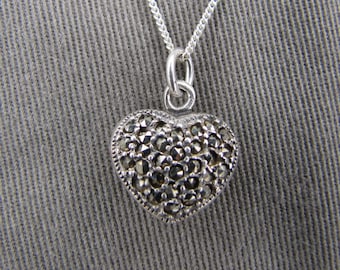 Vintage Marcasite Heart w/ Rhinestone flower Heart Necklace