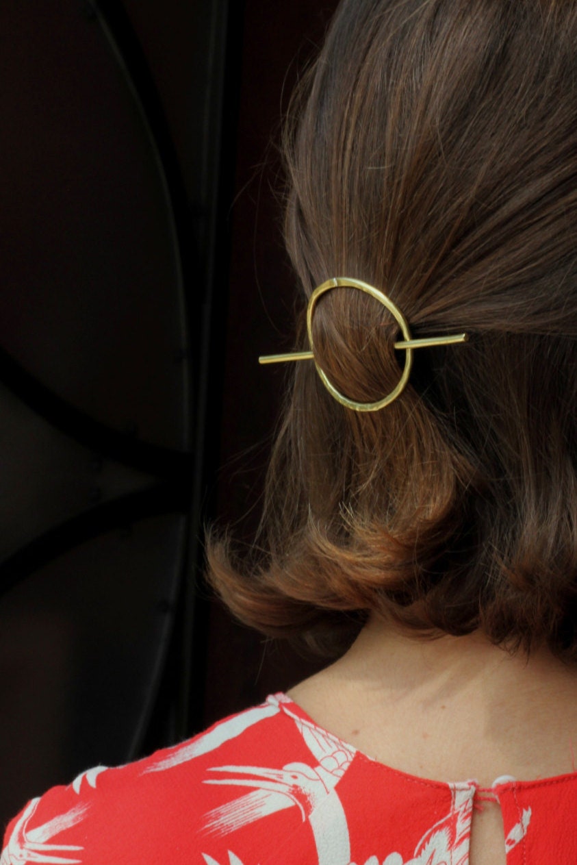 Open circle hair slide silver hair clip hammered brass by Kapelika