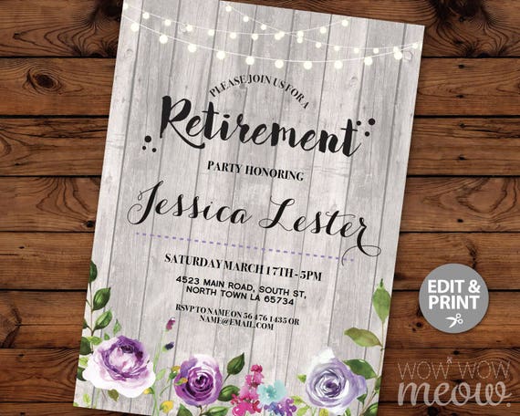 Retirement Invitation Floral Rustic Wood Retired Invite