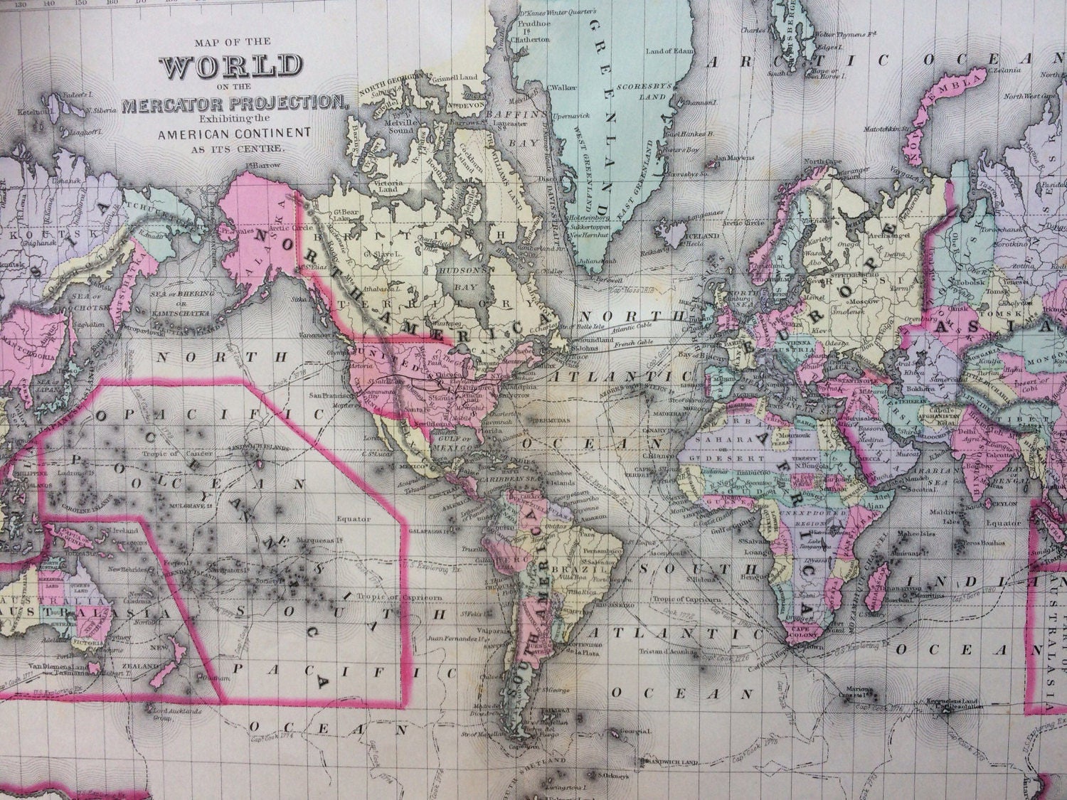 1888 WORLD on MERCATOR'S PROJECTION large rare original antique ...