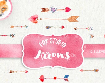 Arrows Watercolor Clipart. 11 Hand painted elements feathers